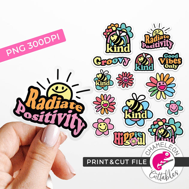 Print and Cut Cute Retro Stickers Bee Kind Pastel PNG Chameleon ...