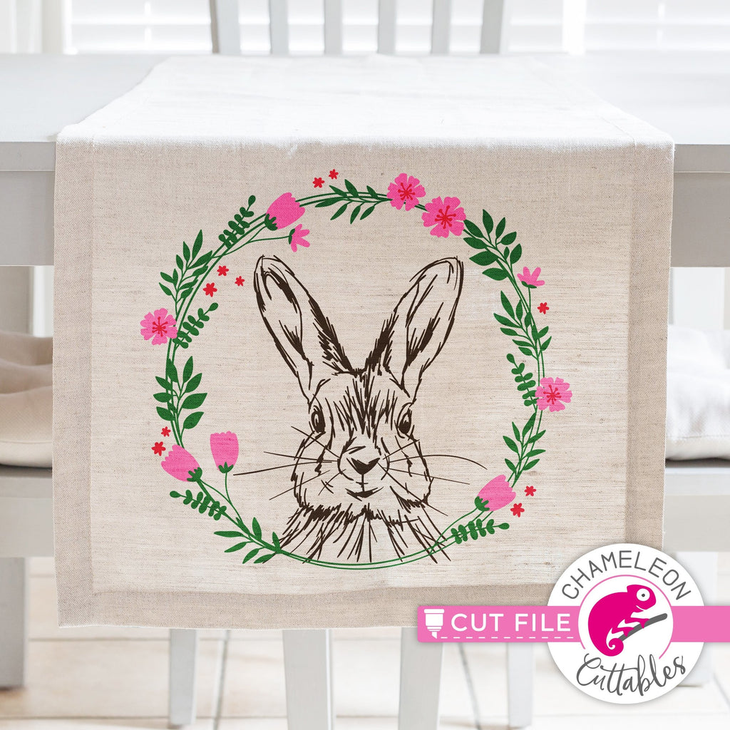 Rabbit sketch drawing Easter bunny with floral wreath svg png dxf eps ...