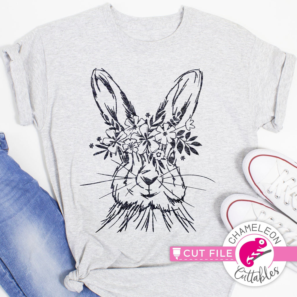 Rabbit sketch drawing Easter bunny with flowers svg png dxf eps jpeg ...